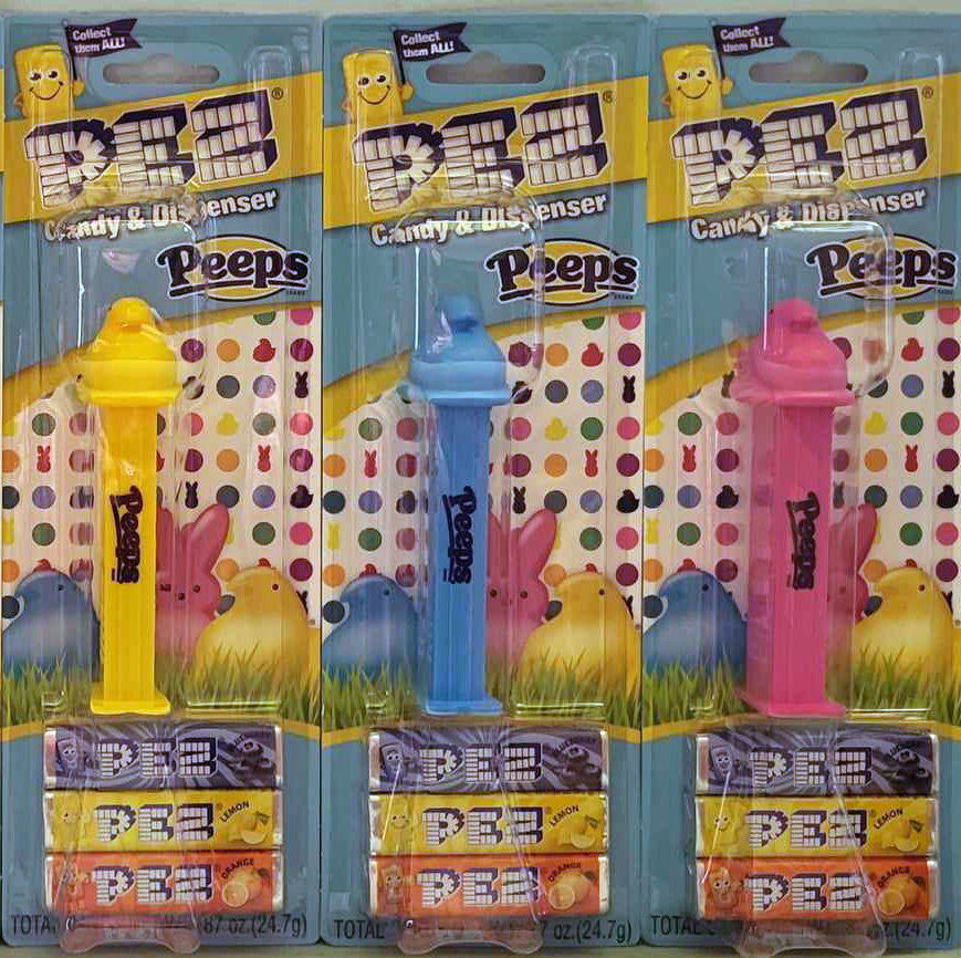 Peeps Yellow, Blue and Pink Chicks Pez Mint on Blue Card with Blueberry ...