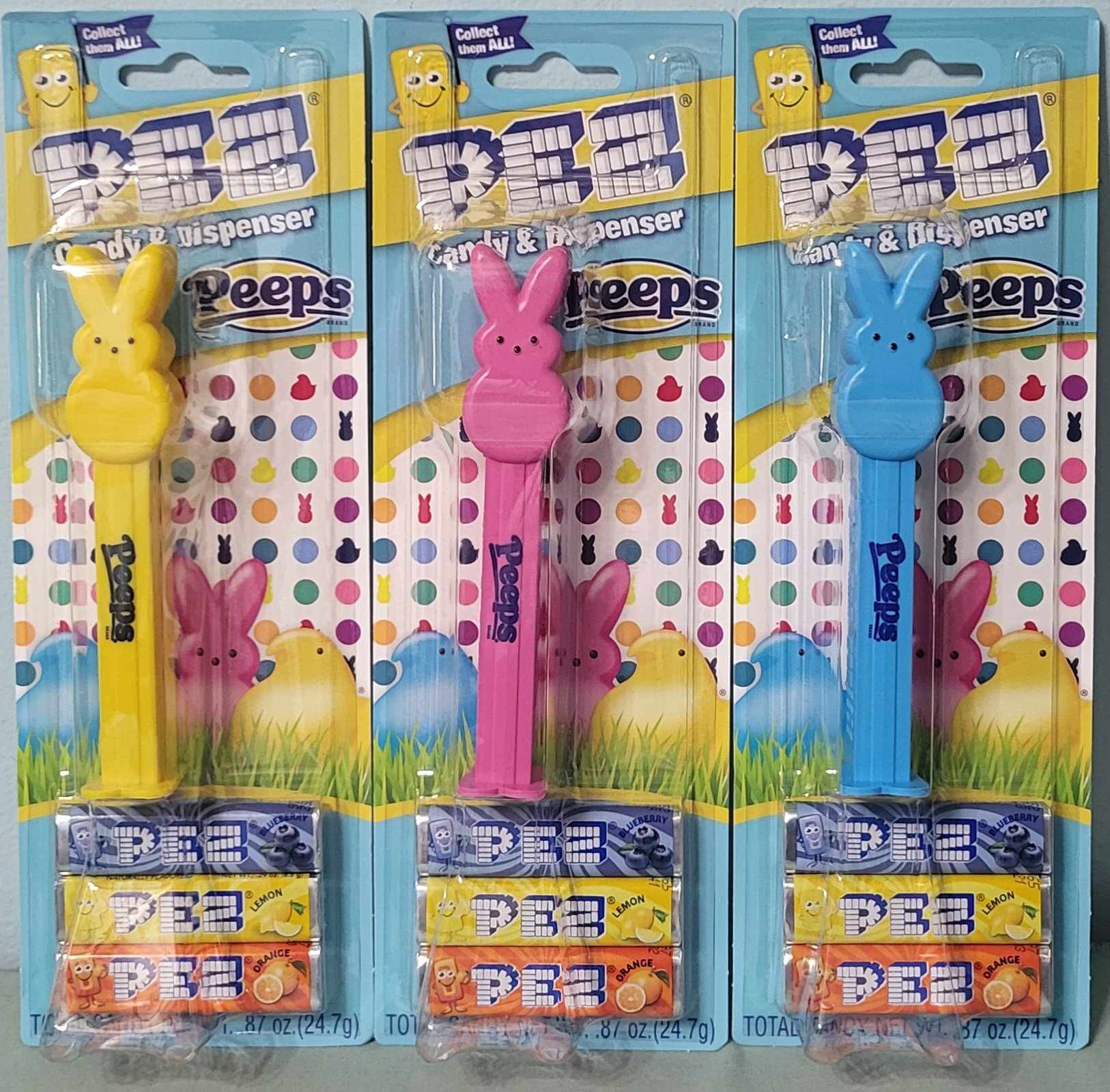 Peeps Yellow, Blue and Pink Bunnies Pez Mint on Blue Card with ...